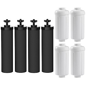 Water Filter Replacement Part for Filter System, 4 Black Elements and 4 White Fluoride Filter, 8 Pack Combo Replacement for Gravityy Water Filter System