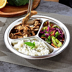 Hacaroa 4 Pack Stainless Steel Round Divided Plates, 9.5 Inch Dinner Snack Plates with 3 Compartment, Divided Tray Food Serving Platter for Kids, Adults, Camping, Lunch and Dinner