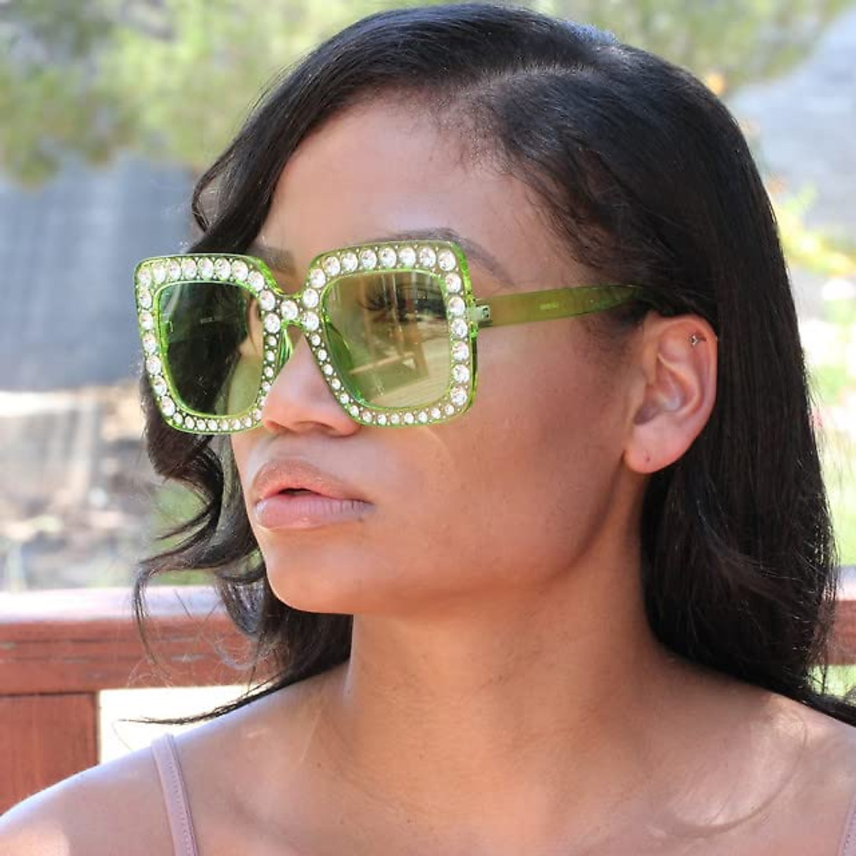 FLAWLESS Oversized Square Frame Bling Rhinestone Crystal Design Sunglasses For Women (Green)