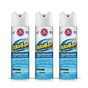 OdoBan Ready-to-Use 360-Degree Continuous Spray Disinfectant and Harsh Aroma Eliminator, Fabric and Air Freshener, 3 Pack, 14.6 Ounces Each, Fresh Linen Scent