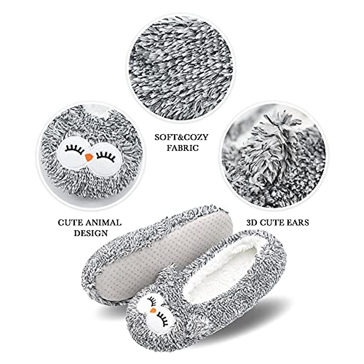 DICUIRD Womens Smiley Animal Face Soft Sole Slipper Socks with Grippers-Fuzzy House Slippers(owl,8-10)