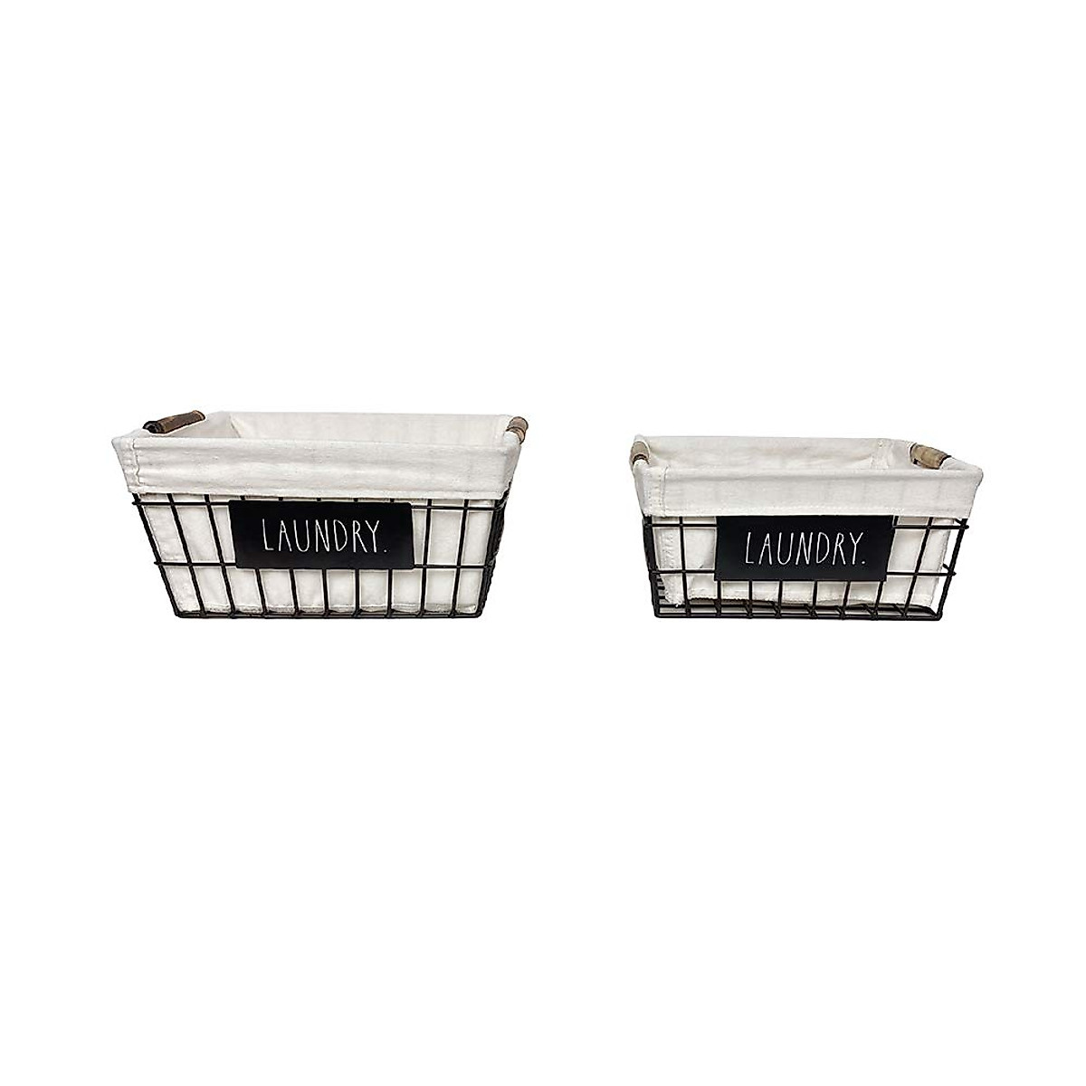 Rae Dunn Wired Storage Baskets Set of 2 - Rustic Organizers with Fabric and Metal Lining – Stylish Supply Bin for Bathroom, Laundry Room, Closet, Nursery - Cute Home Décor with “Organize” Sign