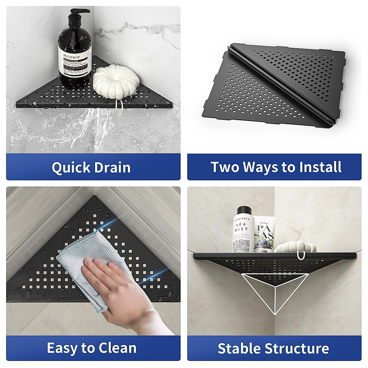 Bernkot Corner Shower Shelf, 10" Matte Black 304 Stainless Steel Grout in Shelf Rack for for Tiled Wall, Recessed Bathroom Shelf, No Drilling Needed