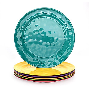 6-Piece 100% Melamine Dinner/Lunch Plate Set,10inch Round Melamine Salad Plates Picnic Plates for Holiday Home Party,Break-resistant and Lightweight,Hammered Finish,BPA Free,Multicolor