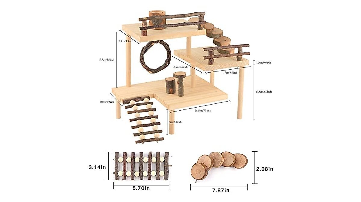 HOSUKKO 3-Tier Hamster Playground | Natural Wood Toy