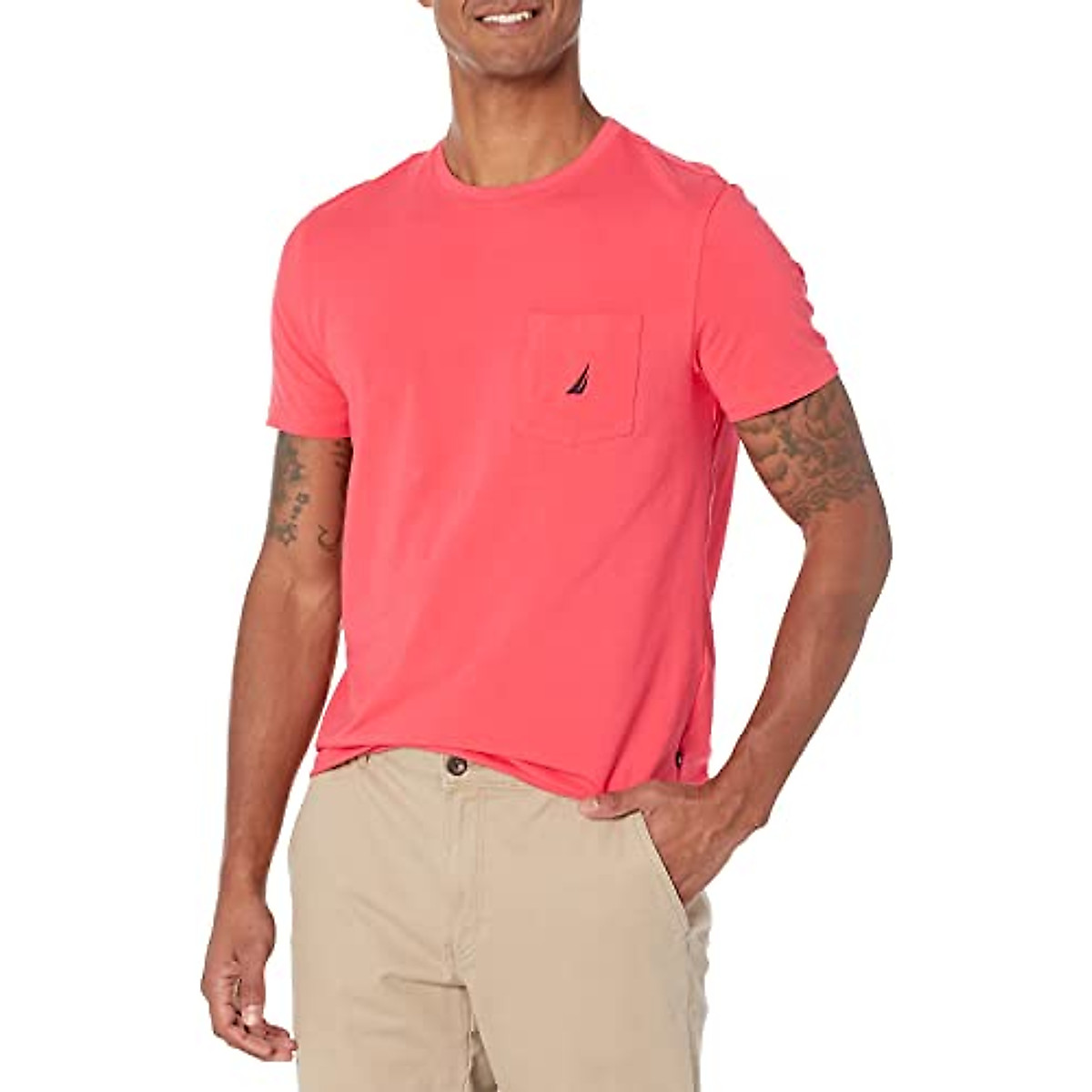 Nautica mens Solid Crew Neck Short-sleeve Pocket T-shirt T Shirt, Melon Berry, Large US