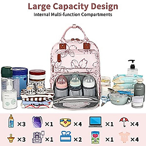 Legestori Floral Printed Diaper Backpack for Moms - Large Pink Bag with Insulated Pockets and Stroller Straps for Baby Girls