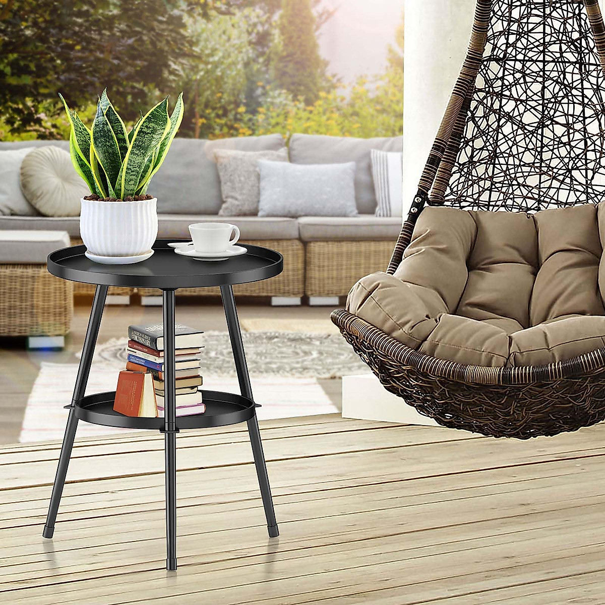 Round Metal Side Table, Small End Table for Indoor Outdoor, Mid Century Modern Decor, Black