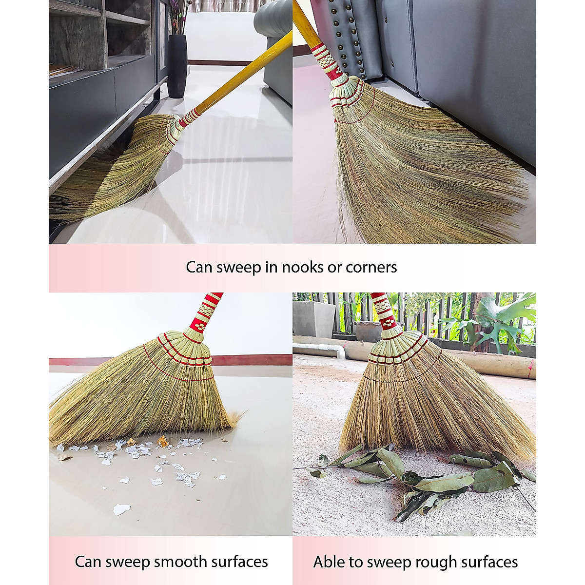 Indoor Grass Broom 40 Inch with Bamboo Handled Brooms for Floor Cleaning, Smooth & Hard Floor - Sweeping Tool Unique Handmade Craft Broom Design for Home, Kitchen, Office, Courtyard, Tiled Floor