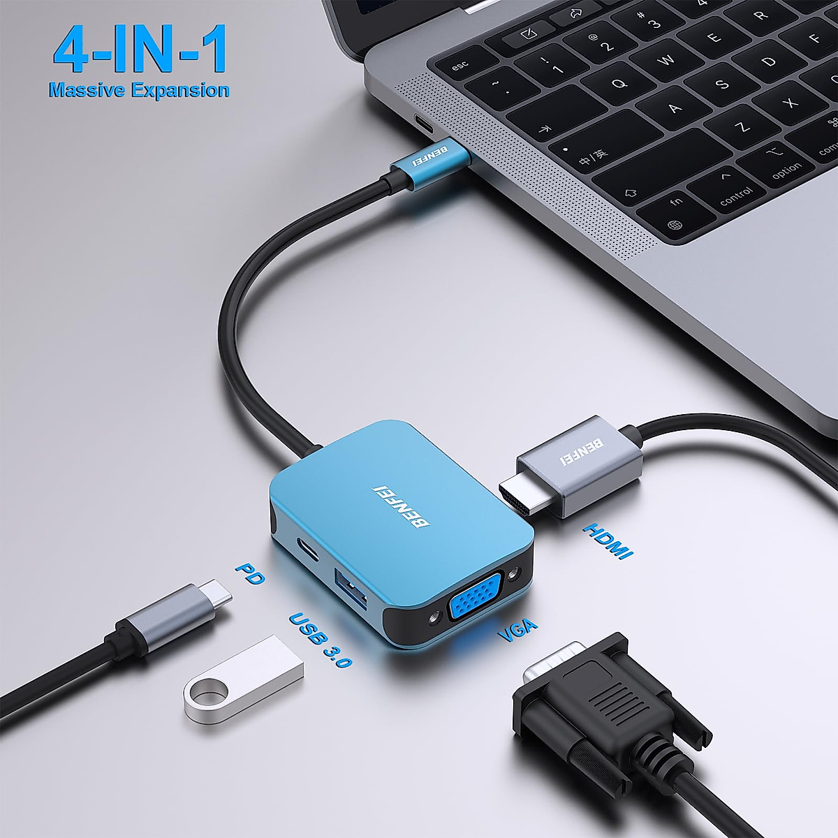 BENFEI USB C HUB 4in1, USB Type-C to HDMI VGA Adapter, USB C to USB Adapter, USB Type-C Power Delivery, Compatible with iPhone 15 Pro/Max, MacBook Pro/Air 2023, iPad Pro, iMac, S23, XPS 17