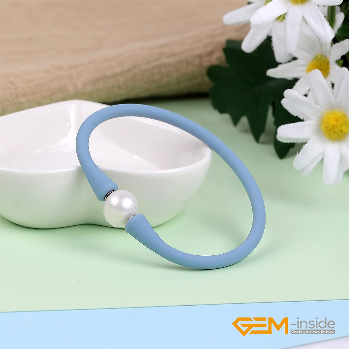GEM-Inside Big 11mm Real Pearl Bridesmaid Blue Mood Stackable Silicone Rubber Stretch Freshwater Cultured Pearl Jewelry Bracelets for women 7"
