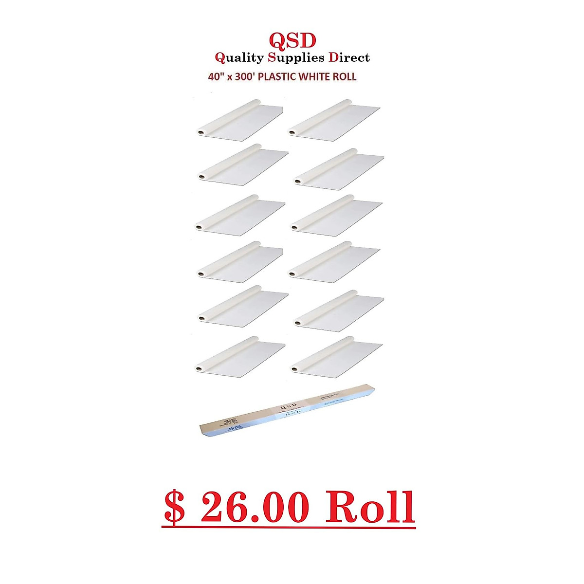 QSD Plastic Party Banquet Disposable Tablecloth Roll White- 300 ft. x 40 in. - Each Roll Covers 36 8' Foot Tables - 12 Pack
