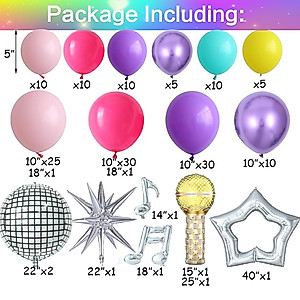 Songstar Birthday Decoration 155pcs Pink and Purple Balloon Arch Kit Hollow Star,Microphone, Disco Mylar Balloon for Music Fans Birthday Popular Singer Birthday Party Decor