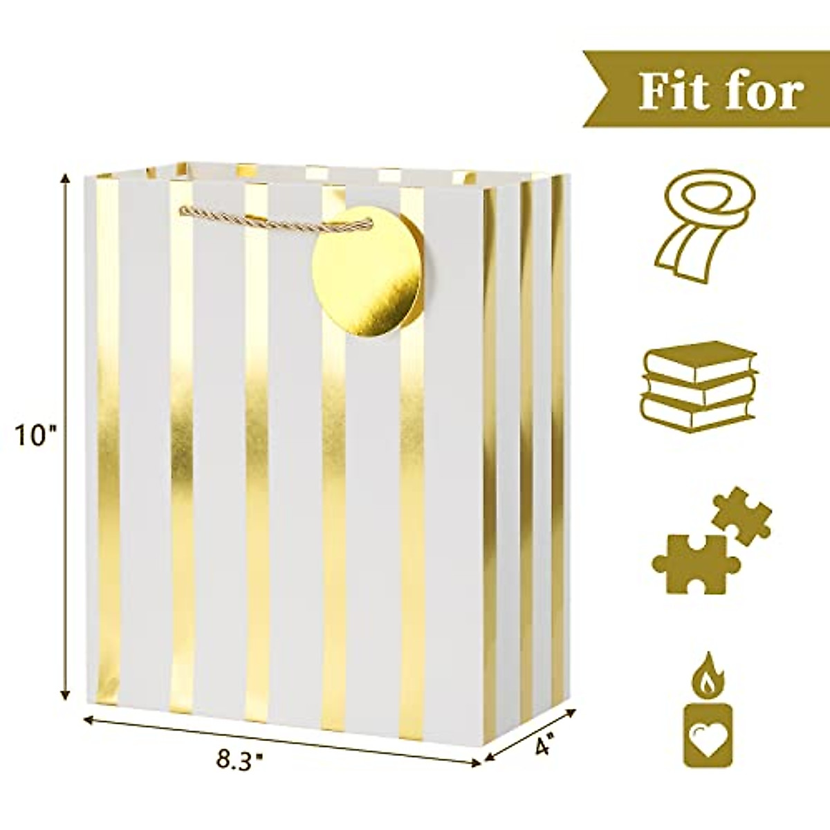 Swedin 12 Pcs Gold Gift Bags Bulk, Medium Size Gift Bags with Handles, Trendy Gift Wrap Totes with Chevron, Stripe Pattern for Birthdays, Party Favors, Holidays, Christmas-10" x 8.3" x 4"