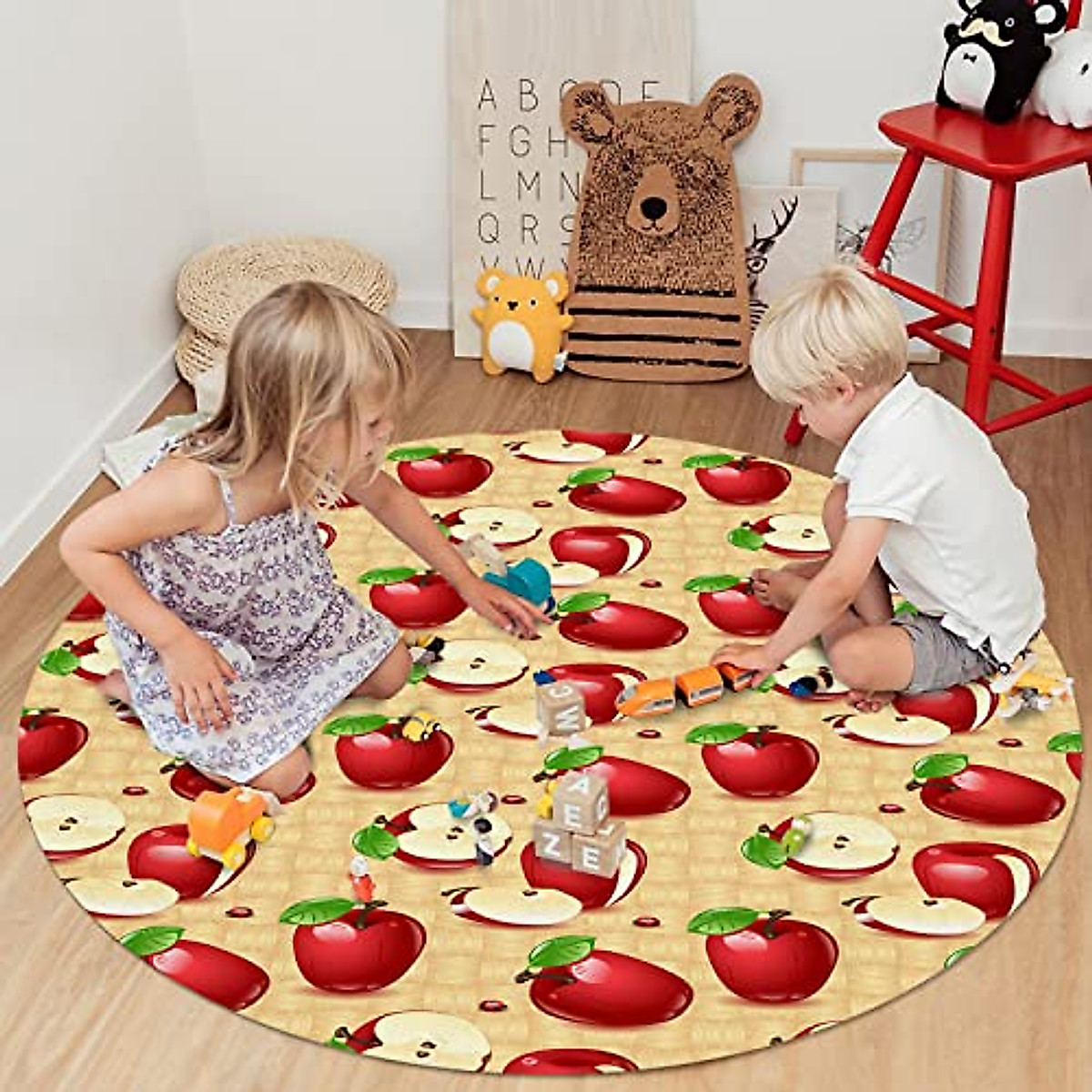 LAMANDA Round Area Rugs Red Apples Green Leaf Indoor Floor Carpet Non Slip Throw Rug for Living Room Bedroom Kids Nursery Farm Fruit Harvest 48in