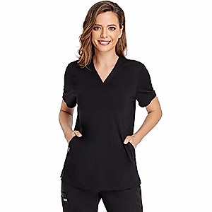 COMENII Scrub Tops for Women, Two Pocket Sporty Quick-Dry Stretch V-Neck Workwear, Anti-Wrinkle Medical Scrubs for Women(Black L)