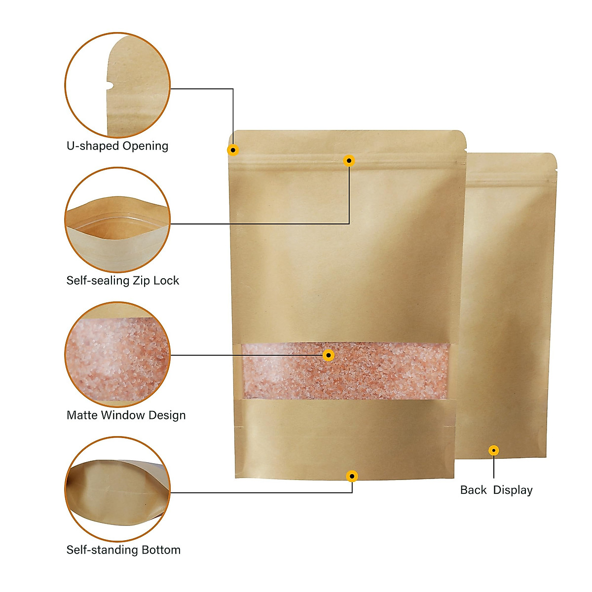 100 Packs Kraft Stand Up Paper Bags with Window(10" x 7") Resealable Bags for Small Business, Food, Sealable Treat Bags for Packaging,Snacks,Candy,Cornmeal,Coffee