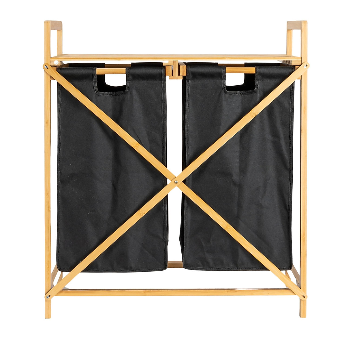 Household Essentials Bamboo Pull Out Double Hamper with Shelf, Natural and Black