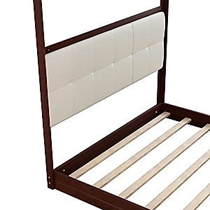 DOLPRNE Modern Queen Size Wooden Canopy Platform Bed with Upholstered Headboard,Multiple Choice for Kids Teen Adults Bedroom,Box Spring Not Required,Espresso