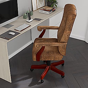 Merrick Lane Versailles Bomber Brown Ultra-Suede Victorian Style 360° Swivel High-Back Office Chair with Padded Scrolled Arms and Wood Capped Metal Base