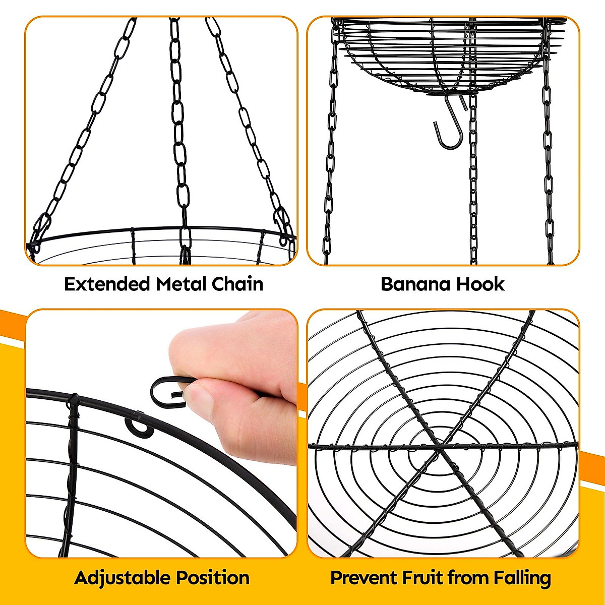 HULISEN 3 Tier Hanging Fruit Basket with Banana Hook, Heavy Duty Wire Hanging Baskets for Kitchen Storage, 35.4 Inch Hanging Vegetable Produce Basket Organizer (Including Installation Bracket)