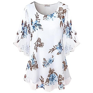 SeSe Code Bell Sleeve Tops for Women Mesh Shirt Chiffon Tunic Floral Fancy Shirts Spring Cute Tops for Women Holiday Blouse Dressy White XL
