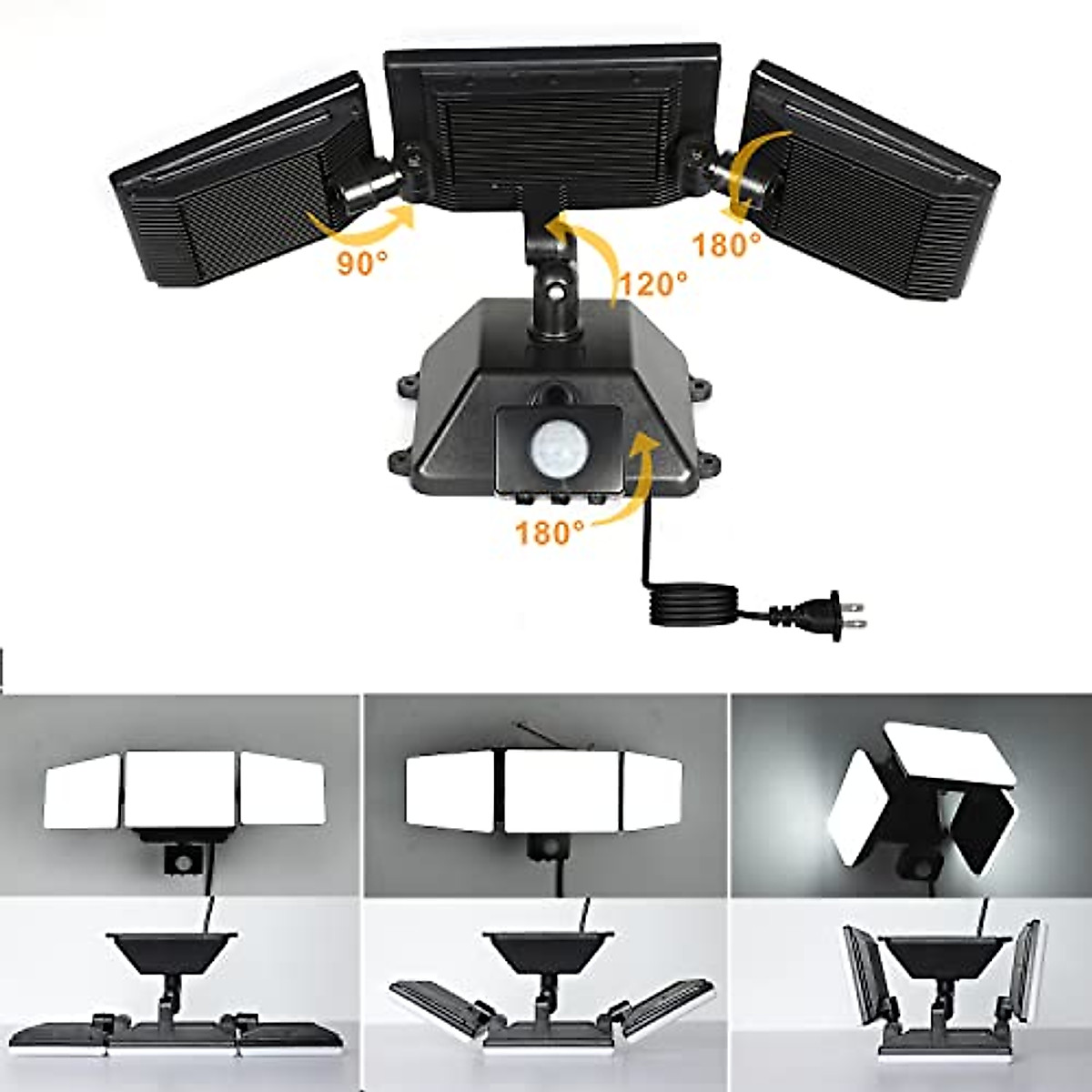 DLLT 50W Security Lights Motion Outdoor, LED Flood Light Fixture with 3 Adjustable Heads, IP65 Waterproof, 6000K Daylight Super Bright Exterior Lights Wall Mounted for Garage, Yard, Porch, Garden