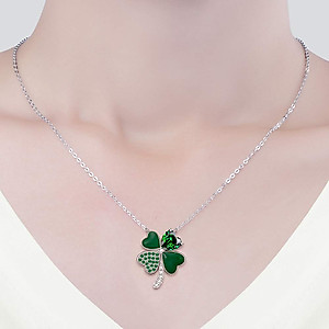 ST Patricks Day Irish Four Leaf Clover Shamrock Necklace for Women Heart 925 Sterling Silver Charm Fashion Green Love Emerald Pendant Choker Diamond Crystal Prom Valentine Necklaces