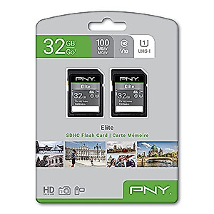 PNY 32GB Elite Class 10 U1 V10 SDHC Flash Memory Card 2-Pack - 100MB/s, Class 10, U1, V10, Full HD, UHS-I, Full Size SD