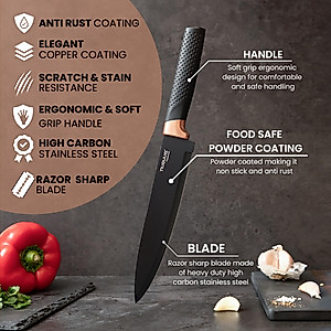 nuovva Professional Kitchen Knife Set with Block - Copper 17 Piece Knives Set With Steak Knives - Clear Acrylic Block High Carbon Stainless Steel Blades - With Knife Sharpener Peeler and Scissors