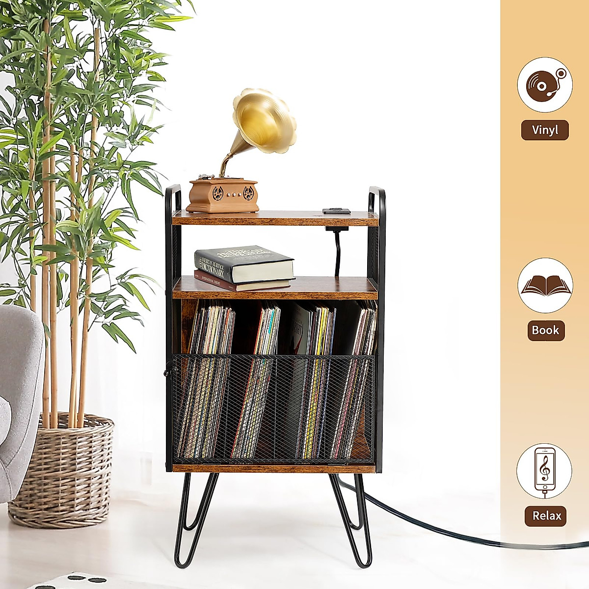 Hadulcet 3 Tier End Table, Record Player Stand with USB Ports and Outlets, Turntable Stand for Vinyl Storage with 3 Dividers, Industrial Side Table for Living Room Bedroom, Rustic Brown