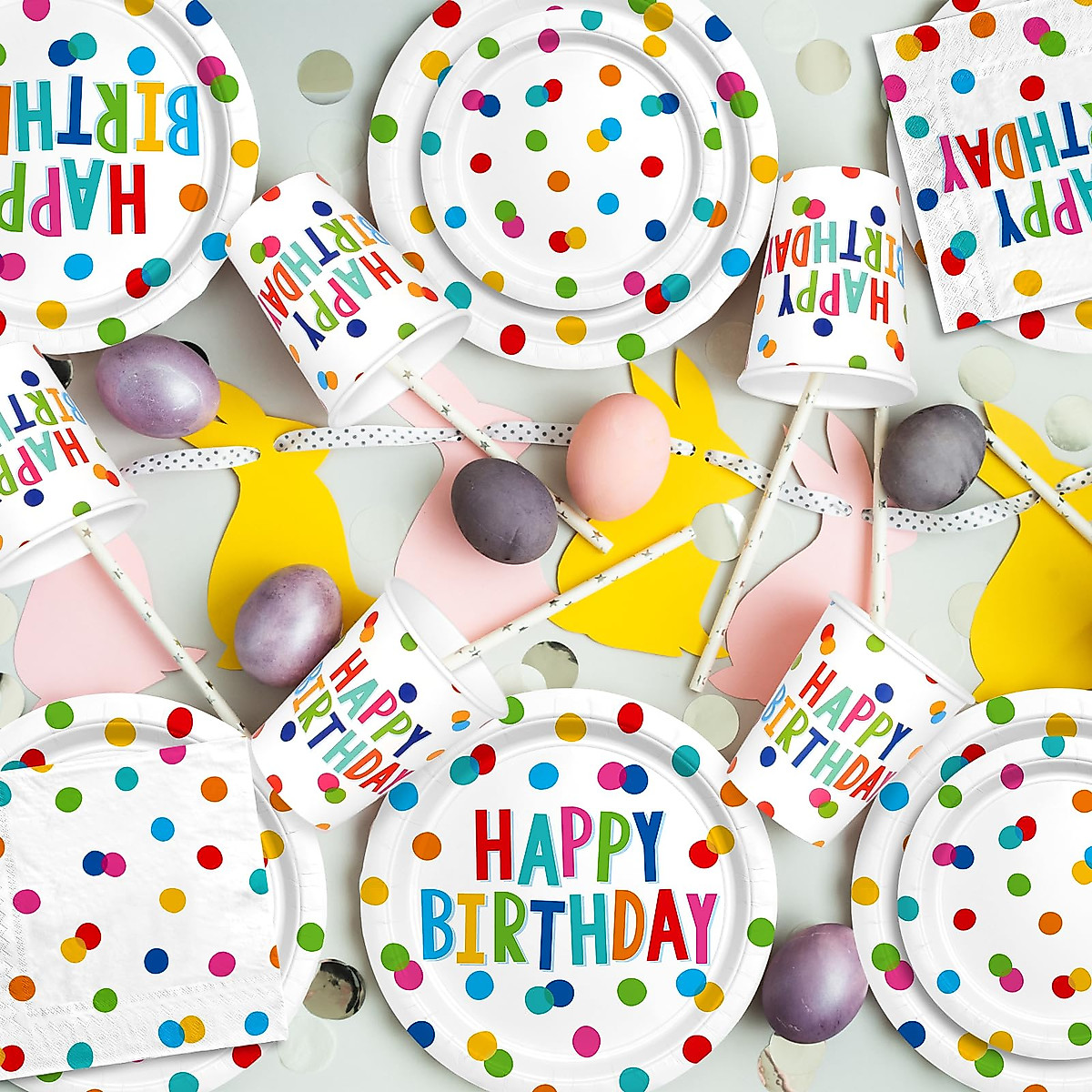 Happy Birthday Decorations: Kids' Birthday Party Supplies with Dots Design - Includes Happy Birthday Plates and Napkins, Disposable Paper Cups, Serves 16