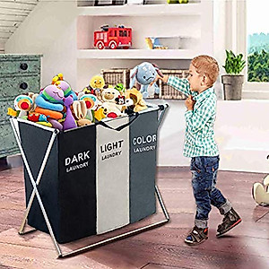 Foldable Laundry Basket, 135L Laundry Hamper Sorter 3 Sections Bag Bin with Aluminum Frame 24'' × 14'' x 23'' Dirty Clothes Closet Storage and organizer in Laundry Room Bedroom Home (White+Grey+Black)