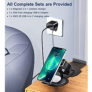 3 in 1 Magnetic Wireless Charging Station for iPhone 14/13/12, 15W Fast Wireless Mag-Safe Charger Stand with QC3.0 Adapter, for iPhone 14 13 12 Pro Max/Pro/Mini,Apple Watch 7/SE/6/5/4/3/2, AirPods Pro