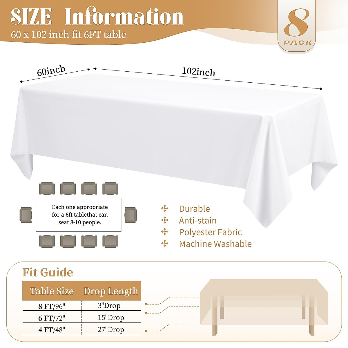 8 Pack White Tablecloth 60 x102 Inch Polyester Table Cloth for 6 Foot Rectangle Tables - 6ft Rectangular Bulk Polyester Fabric Washable Long Table Clothes for Wedding Party Buffet Restaurant Banquet