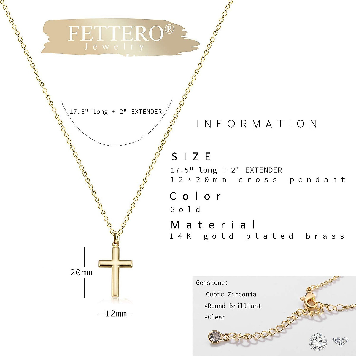 Fettero Cross Necklace Gold Faith Pendant 14K Gold Plated Dainty Chain Minimalist Simple Tiny God Lords Prayer Religious Jewelry