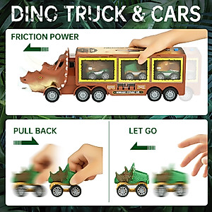 Smadool Dinosaur Toy Truck for Kids, Dinosaur Transport Truck Toy with Sounds Lights Pull Back Car Toys Dinosaur Toys Car for Kids 3-5 with Track Launcher Dinosaur Scene Kids Toys for Boy Girl
