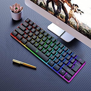 K60 61 Keys Multi Color RGB Illuminated LED Backlit Wired Gaming Keyboard, Waterproof Mini Compact 60 percent keyboard, for PC/Mac Gamer, Typist, Travel, Easy to Carry on Business Trip