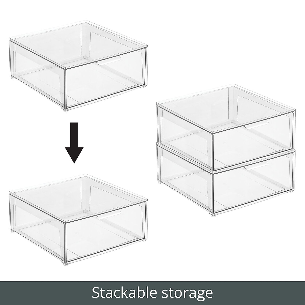 mDesign Plastic Stackable Closet Storage Organizer Bin Containers with Front Pull Drawer for Cabinet, Desk, Shelf, Cupboard, or Dresser Organization - Lumiere Collection - 2 Pack - Clear