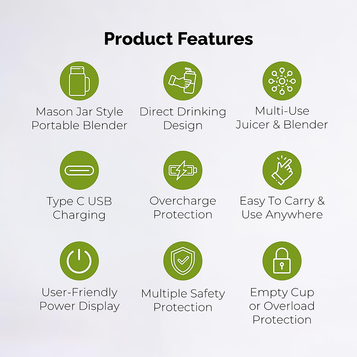 BlendQuik Personal Portable Blender for Smoothies & Shakes, Leakproof & Stylish Design Rechargeable Portable Smoothie Blender On The Go, Mason Jar Blender w/ 10-Blade Blending System 14oz, Light Green