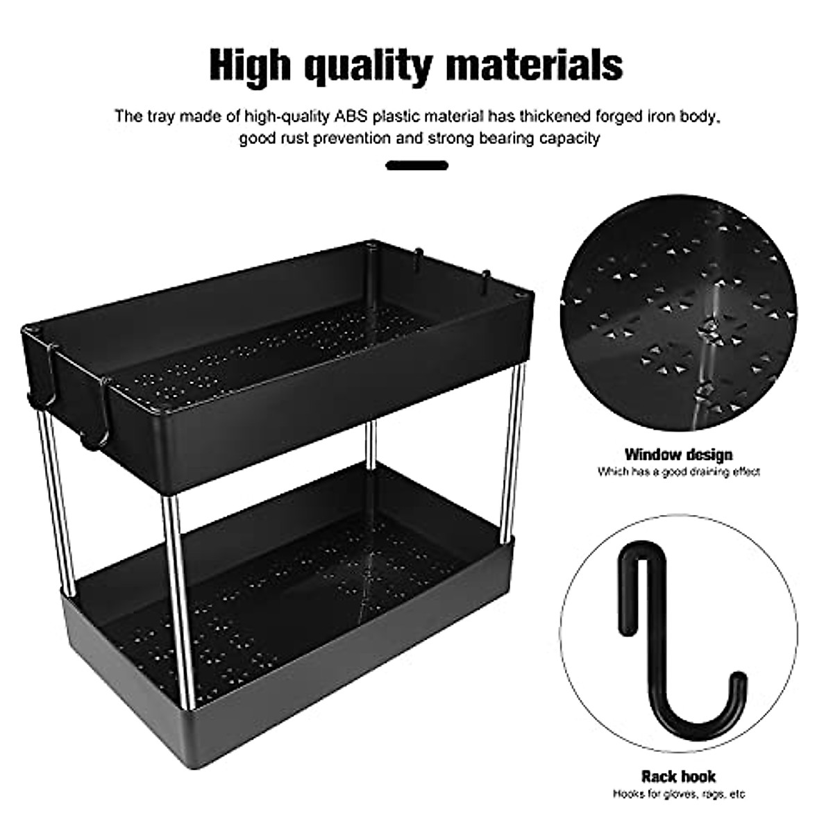 LGHIESO Under Sink Organizer and Storage, Under Bathroom Sink Shelf Organizer Rack, Under Bath Sink Collection Baskets with Hooks, Ideal for Room, Office, Kitchen, Bathroom (Black, 2-Tier)