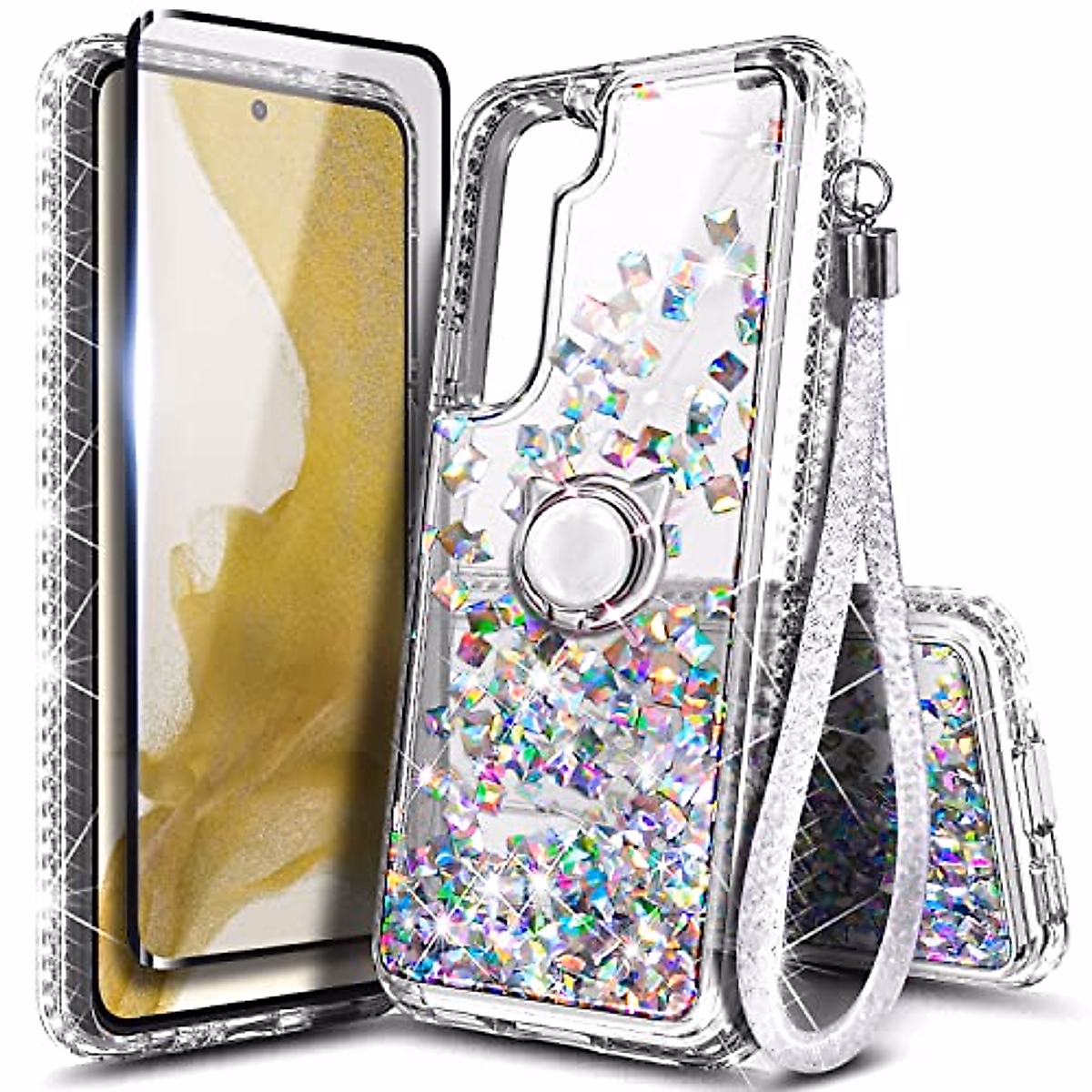 NGB Supremacy Compatible with Samsung Galaxy S23 Case (6.1 Inch) with Tempered Glass Screen Protector, Ring Holder/Wrist Strap, Girls Women Bling Liquid Floating Glitter Cute Case (Crystal Gem)