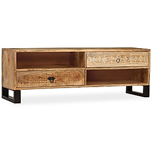 vidaXL Solid Mango Wood TV Stand - Handmade with Steel Legs and Hand-Painted Retro Style - Includes 2 Shelves and 2 Drawers - Brown