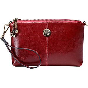 Women's Leather Wristlet Clutch Crossbody Bag, Small Shoulder Bag Cross Body Handbag Purse (Red)