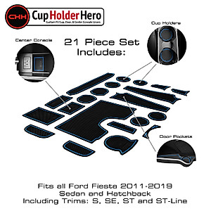 CupHolderHero fits Ford Fiesta Accessories 2011-2019 Premium Custom Interior Non-Slip Anti Dust Cup Holder Inserts, Center Console Liner Mats, Door Pocket Liners 21pc Set (Blue Trim)