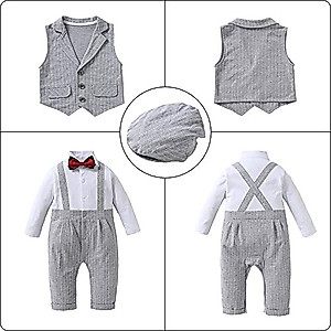Kgurtagh Baby Boy Suit Outfit, Long Sleeve One-Piece Romper & Vest & Beret & Bow Tie, Infant Boys Gentleman Outfits for Formal Wear, Baby Boy Dressy Clothes (4pc, 0-24 Months),Grey,6-12M