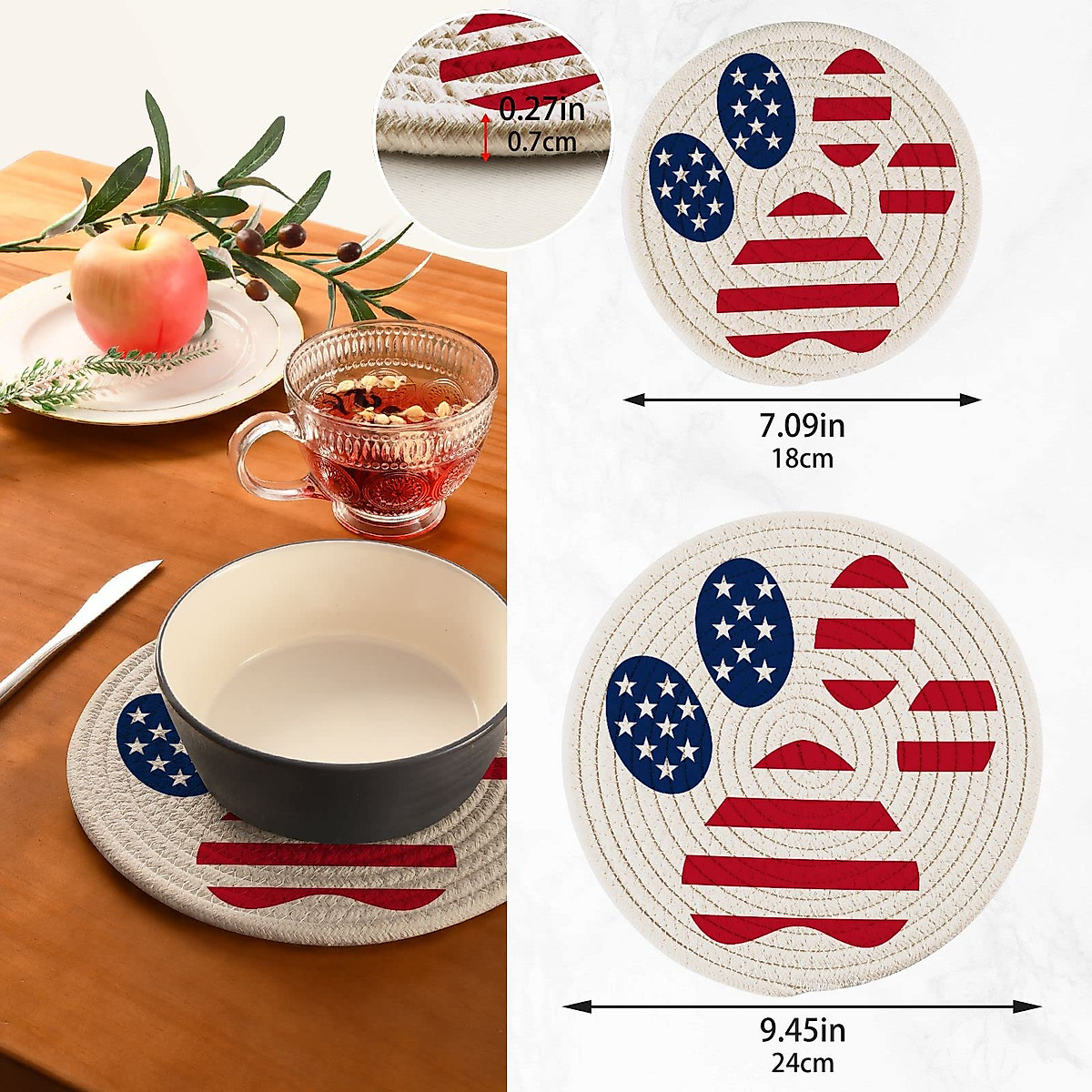 Kitchen Pot Holders Set 2 Pcs Cotton Thread Weave Trivets Set Stylish Coasters for Hot Dishes Pot Bowl Coffee Hot Pot Holders Dog Paws USA American Flag Filled