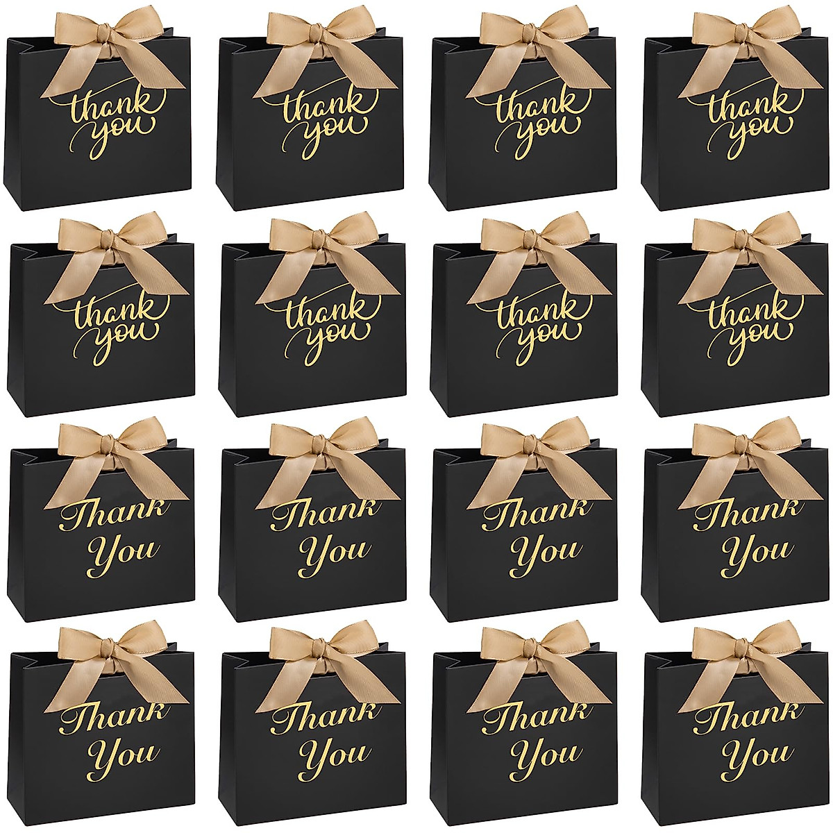 TOXOY 50PCS Black Thank You Gift Bags,4.5x3.9x1.7 Inch Party Favor Bags with Bow Ribbon Small Candy Bags Mini Party Favor Bags for Birthday Wedding Party Bridal Shower