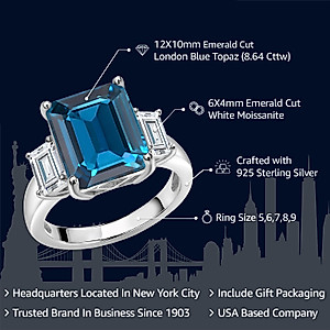 Gem Stone King 925 Sterling Silver Emerald Cut London Blue Topaz and White Moissanite 3 Stone Ring For Women (8.64 Cttw, Gemstone Birthstone, Available In Size 5, 6, 7, 8, 9)