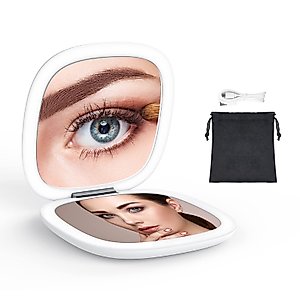 TIMCHASER Magnifying Travel Makeup Mirror, 1X/10X Magnification Compact Mirror, Dimmable 2-Sided Illuminated Folding Mirror, USB Rechargeable, Portable for Handbag, Purse, Pocket